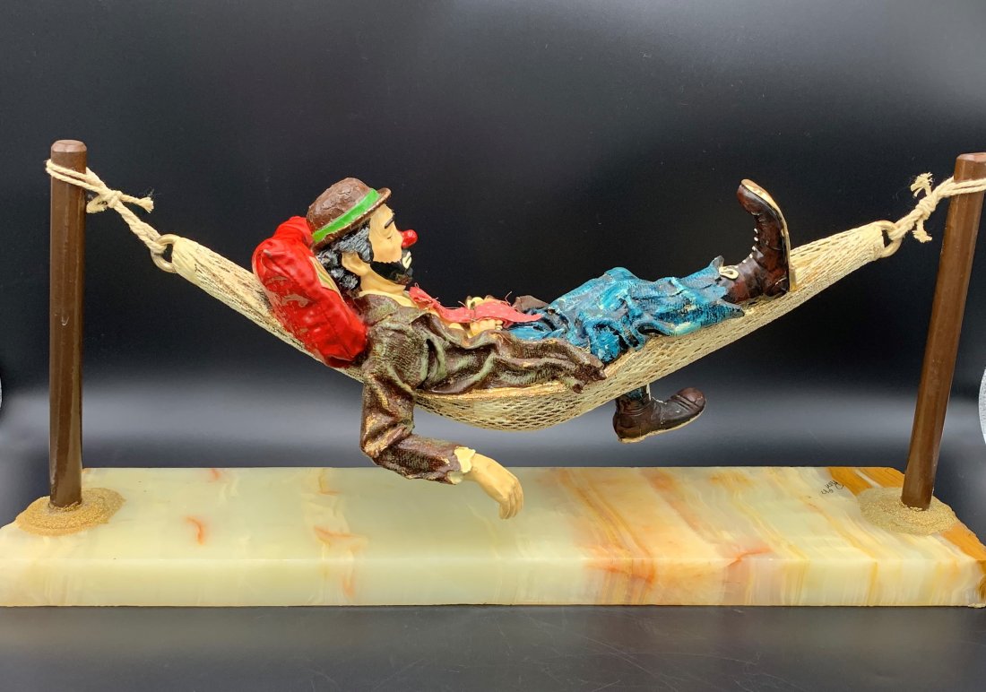 Large Ron Lee Sculpture Clown Sleeping In A Hammock