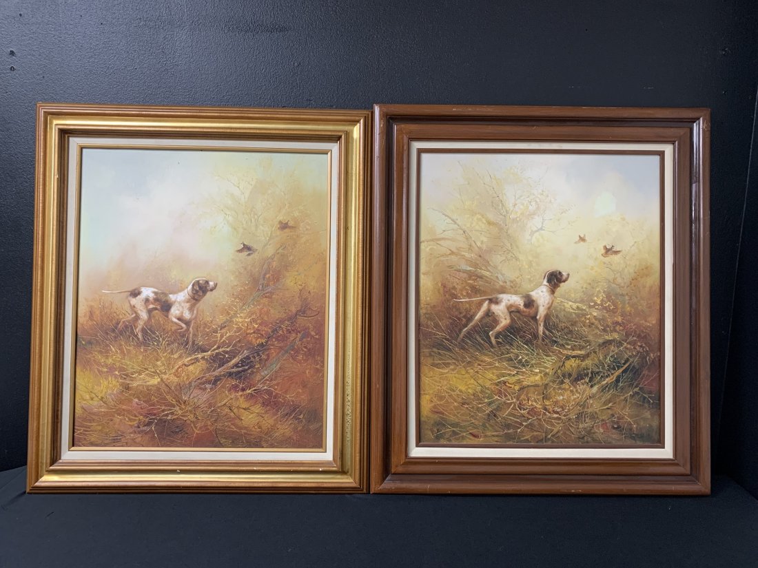 2 Oil On Canvas Paintings "pointer Dogs" By Eugene Kingman