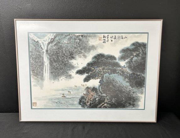 Japanese Waterfall Landscape Watercolor With Calligraphy & Chop Mark