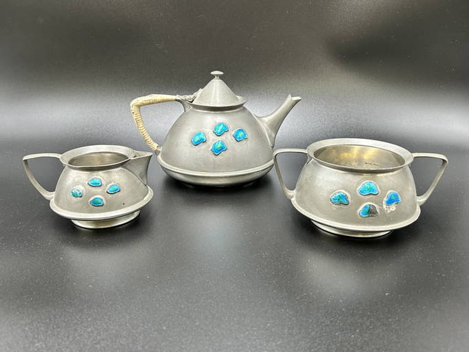 Antique Tudric Pewter Set Teapot, Creamer & Sugar Bowl