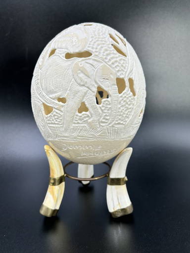 Hand Carved African Ostrich Egg Warthog & Brass Dummie Khums