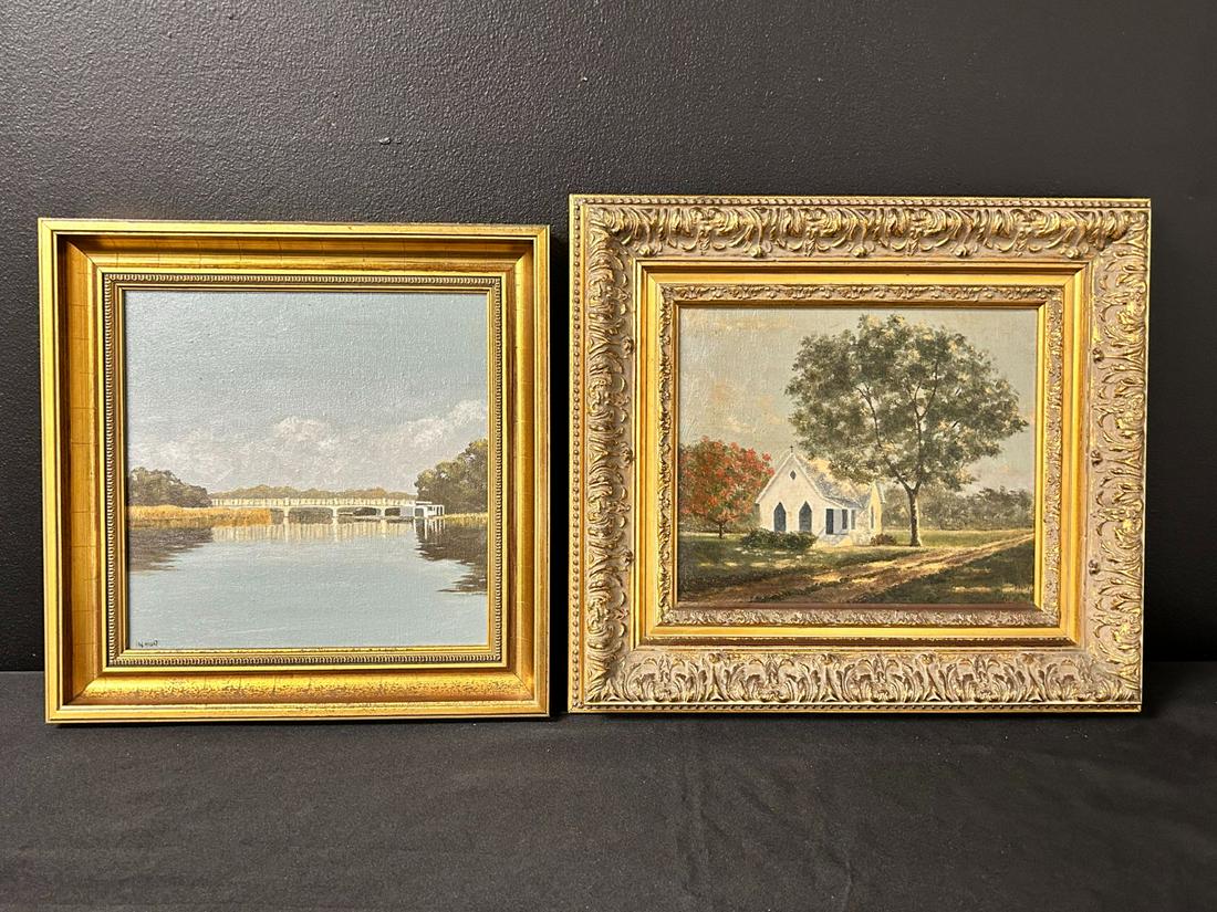 Lot Of Two William Kinzer Hurt Oil Paintings "church & Bridge" Florida ...