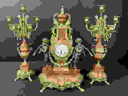 3 Piece Italian Brevettato Brass & Marble Clock And Candelabra ...