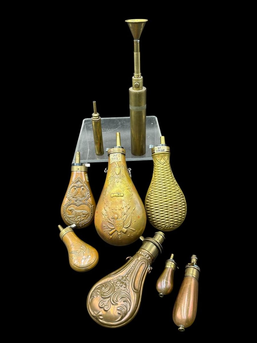 Estate Lot Of Brass Black Powder Flask & Dispenser Collection Auction