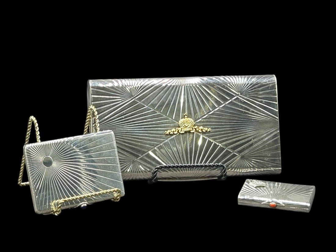 Estate Lot Of 3 Sterling Faberge Mirrored Vanity Powder & Cigarette ...