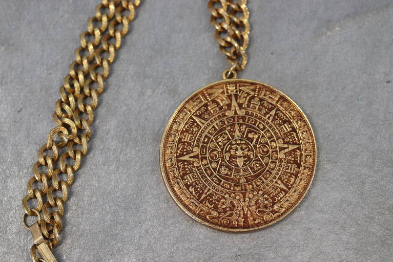 Vintage Large Aztec Calendar Medallion Necklace
