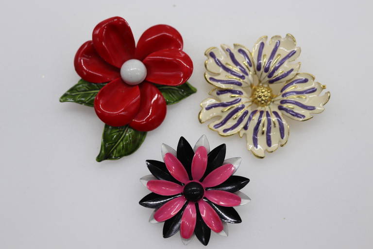 Lot Of 3 Vintage Flower Brooches
