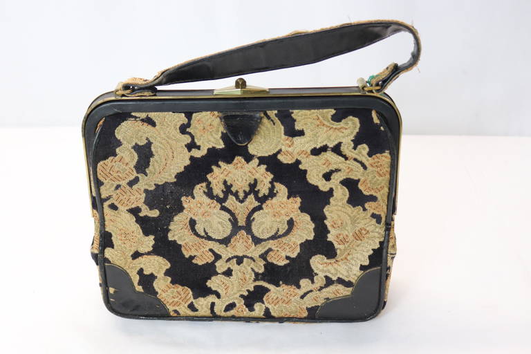 Vintage 1950's Black Brocade & Leather Purse