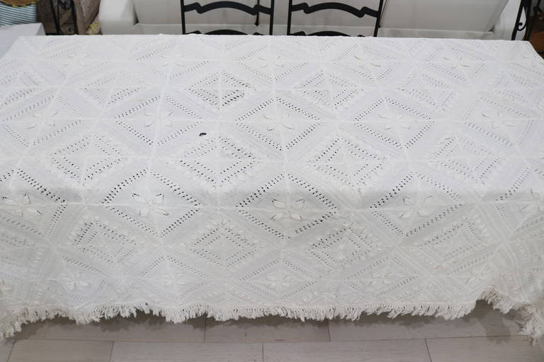Vintage Hand Knit Bedspread With Fringe, 112x94