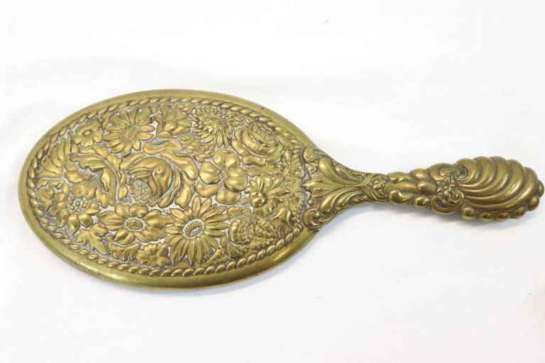 Vintage Repousse Hand Vanity Mirror, Floral Gold Tone