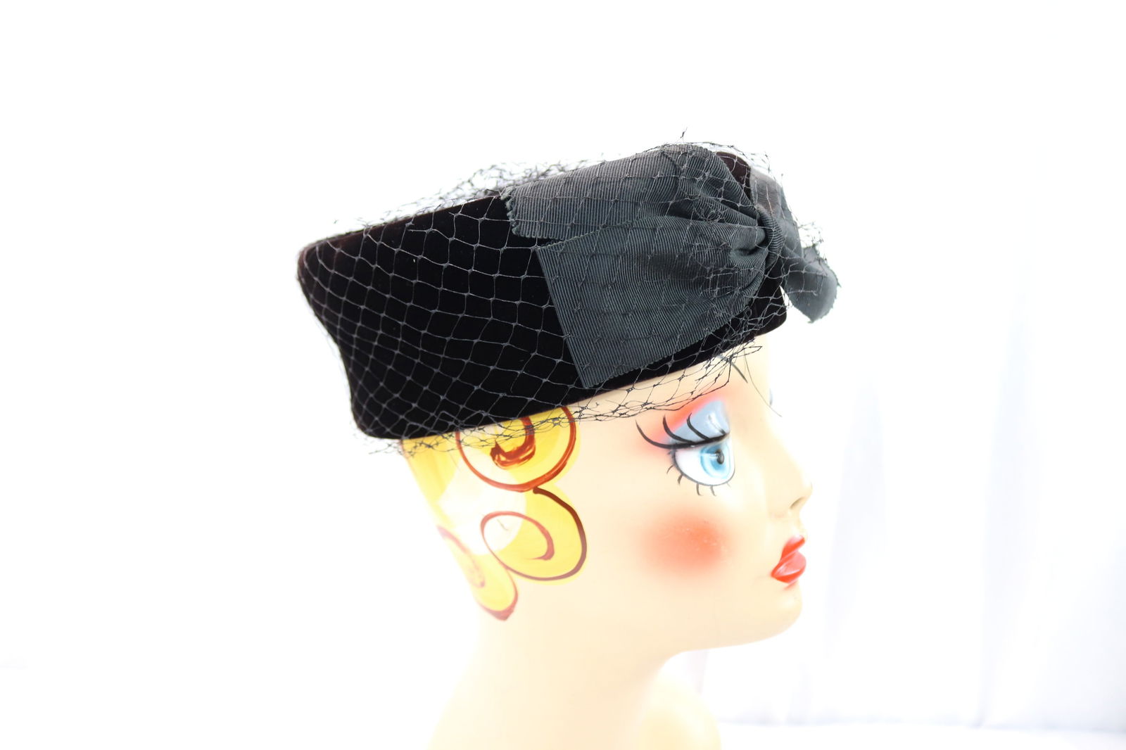Vintage Black Velvet Pill Box Style Hat With Veil & Bow