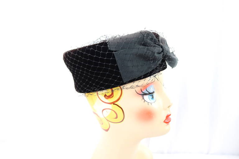 Vintage Black Velvet Pill Box Style Hat With Veil & Bow