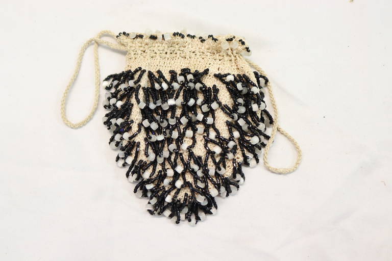 Antique Crochet Reticule Black & White Beaded Miser Purse