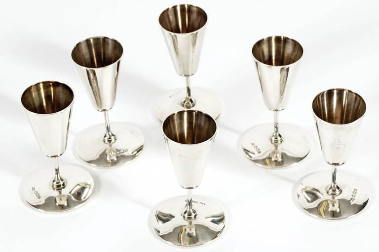 Set Of Six Sheffield Silver Liqueur Goblets