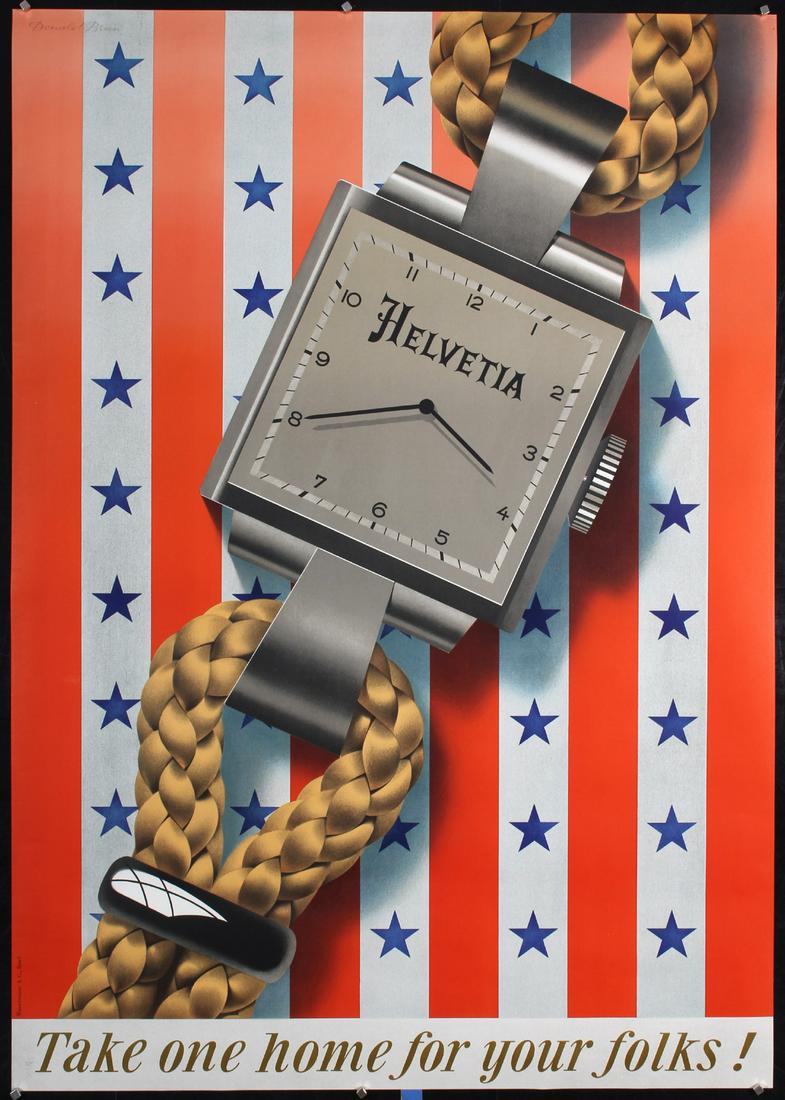 Original Vintage 1940s Swiss Helvetia Watch Poster