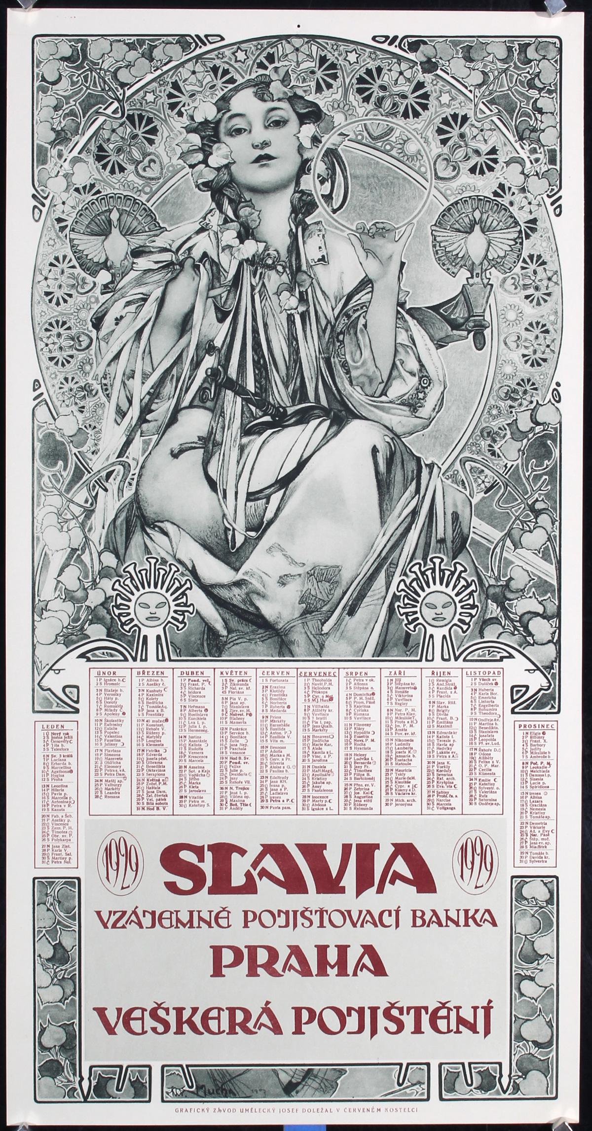 Original 1920s Alphonse Mucha Slavia Calendar Poster