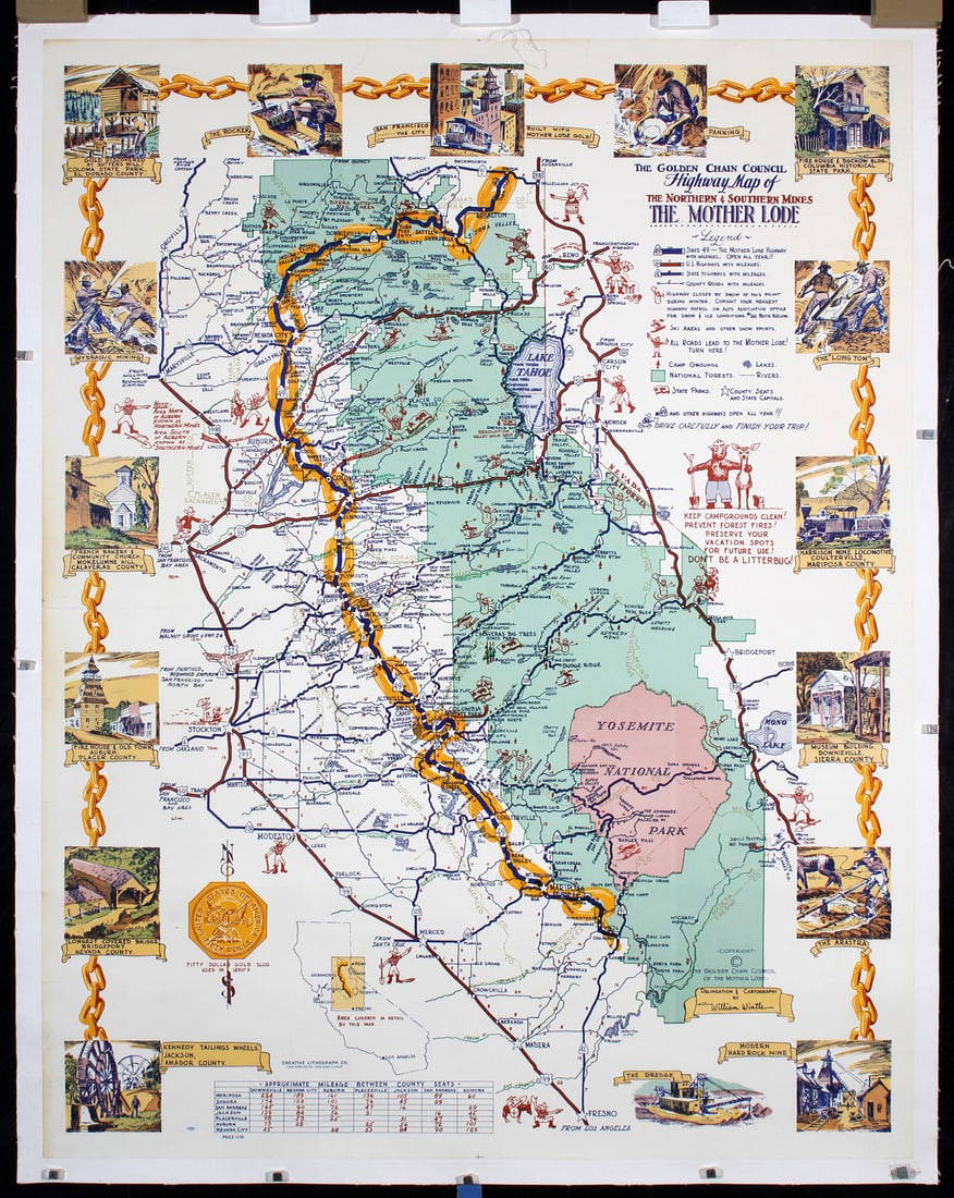 Original Vintage 1946 California Mother Lode Map Poster Auction