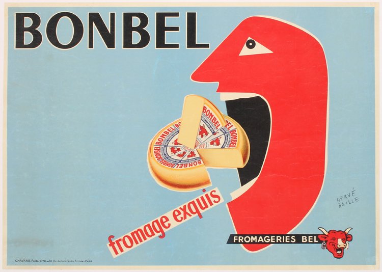 Original 1950s French Bonbel Cheese Poster HERVE BAILLE