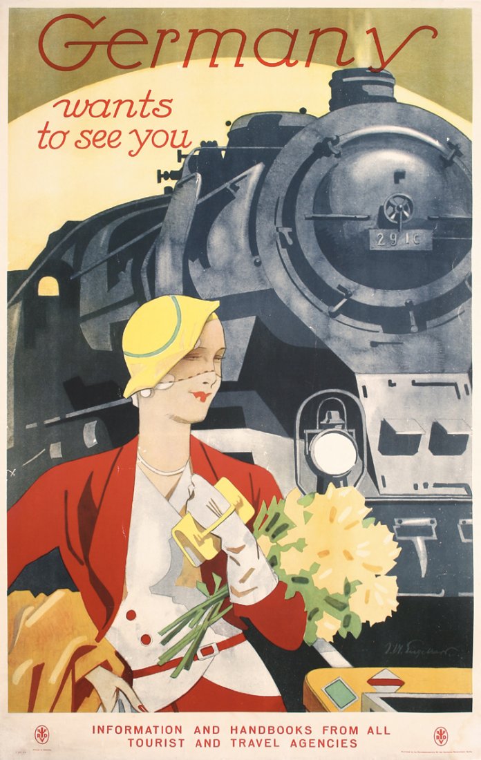 Rare Original 1920s German Art Deco Rail Travel Poster