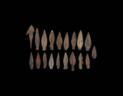 Seven Greek Bronze Trilobate Socketed Arrowheads