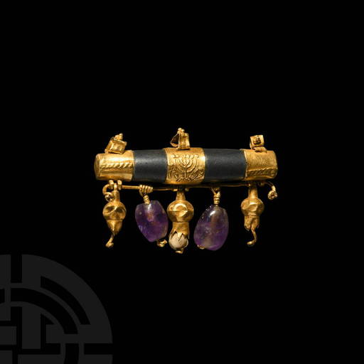 Roman Gold Bar Pendant With Menorah And Bead Drops