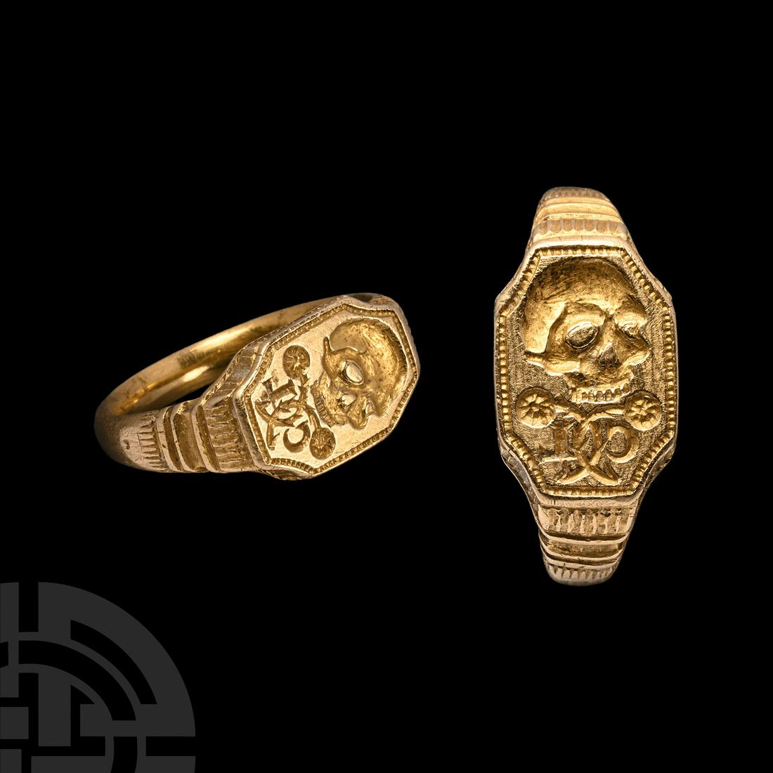 Stuart Period Gold Renaissance Memento Mori Signet Ring With C.l. And Skull