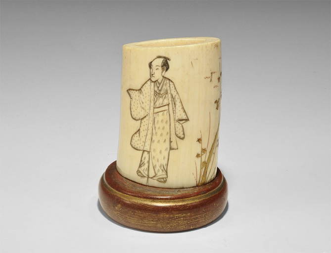 Japanese Ivory Decorated Tusk Section With Stand