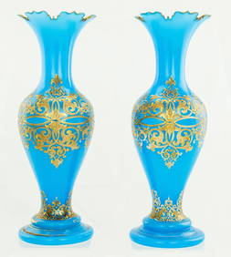 TURQUOISE BLUE OPALINE GLASS VASE WITH SWAN STAND - Feb 18, 2023 | Antique Arena Inc. in NY