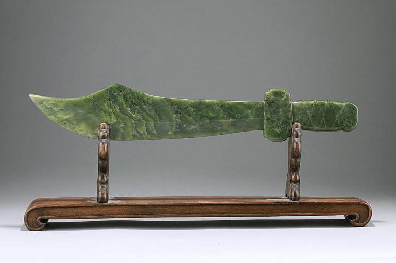 Chinese Spinach Jade Dagger On Wooden Stand