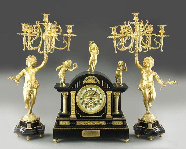 ANTIQUE FRENCH THREE-PIECE CLOCK SET
