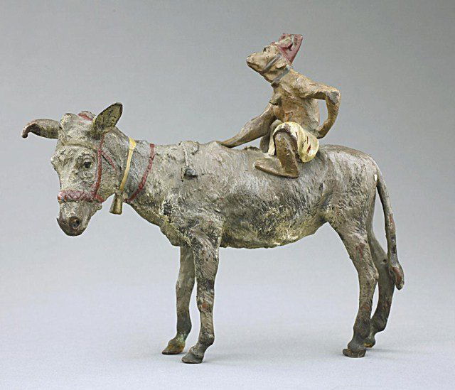 BRONZE FIGURE OF A MONKEY RIDING A DONKEY