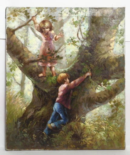 Children Climbing Tree Oil On Canvas Painting