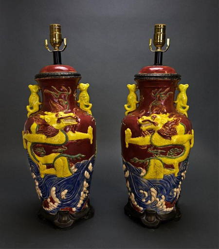 Pair Of Red Porcelain Lamps With Raised Dragon