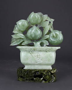 Chinese Jade Carved Peaches, Ginseng, And Coins With Stand