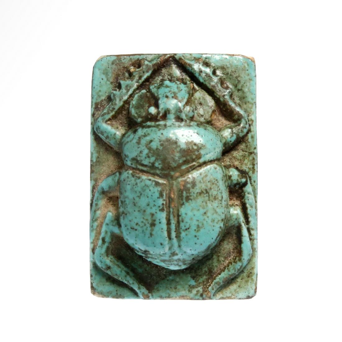 Egyptian Faience Scarab Plaque With Hathor And Uraei