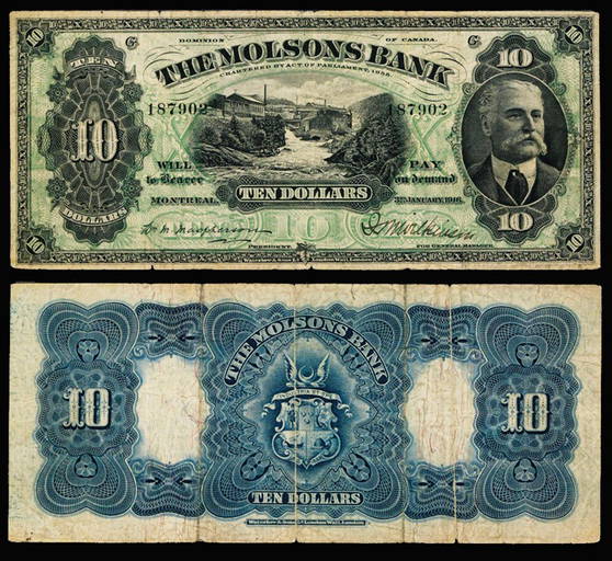 Molsons Bank, 1916 Issue Banknote.