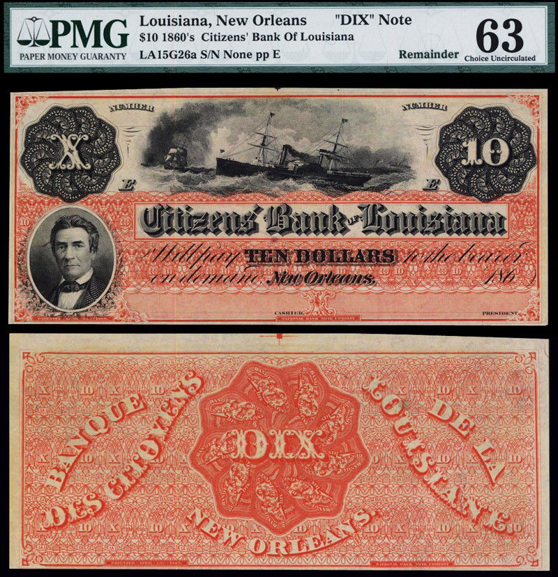 Citizens' Bank Of Louisiana, 1860's "dix" Note.