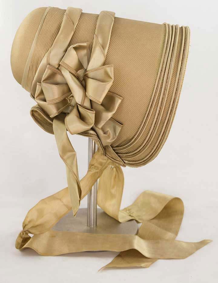 TAN SILK POKE BONNET, 1840s