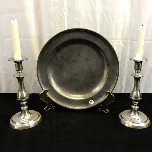 Pair Of Philadelphia Pewter Candlesticks And Pewter Charger