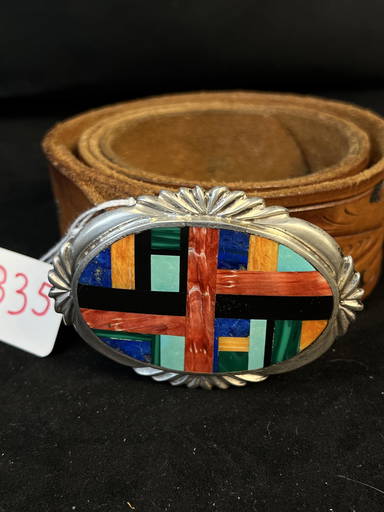 Frank Yellowhorse Navajo Signed Sterling Inlay Belt With Mexican Tooled ...