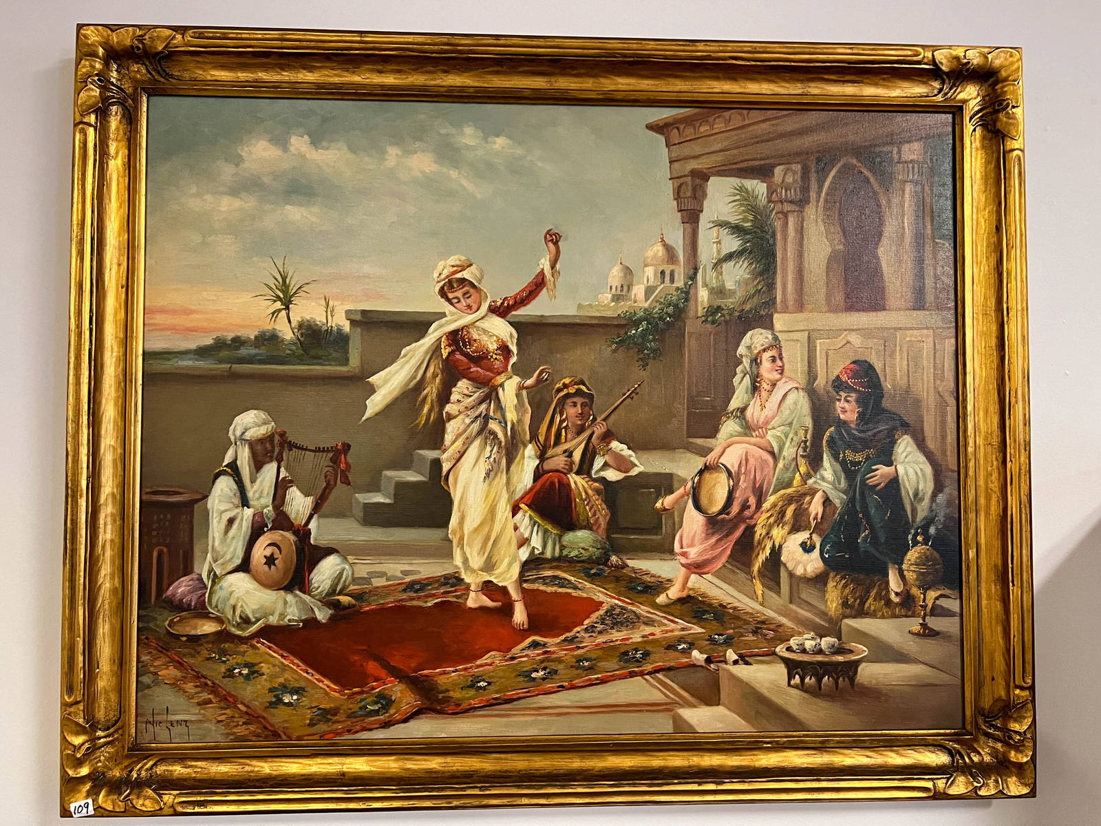 Signed Nicholas Lenz Large Oil On Canvas Of An Arabic Woman Dancing Auction