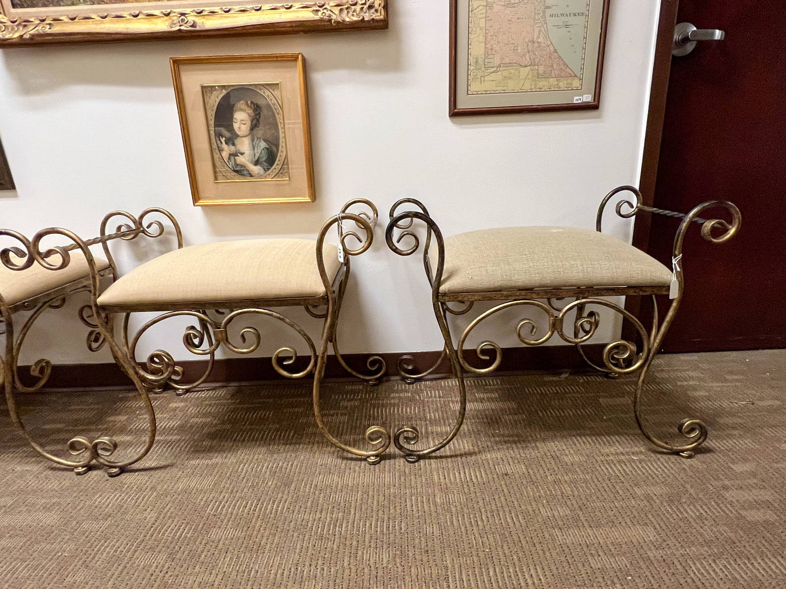 Two Hollywood Regency Rolled Armed Benches With Upholstery Seat. Auction