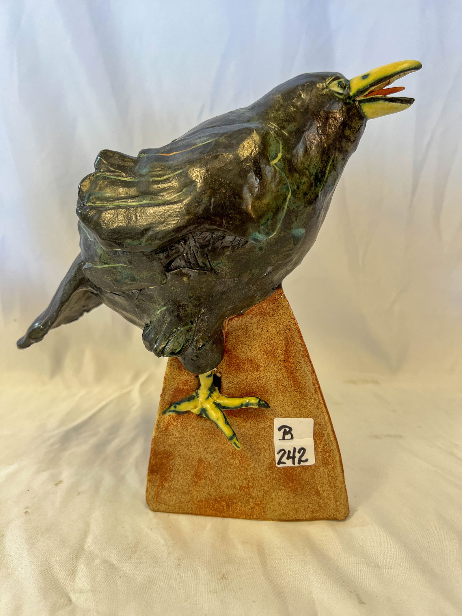 Hand Made Pottery Sculpture Of A Crow With An Open Mouth, Marked K ...