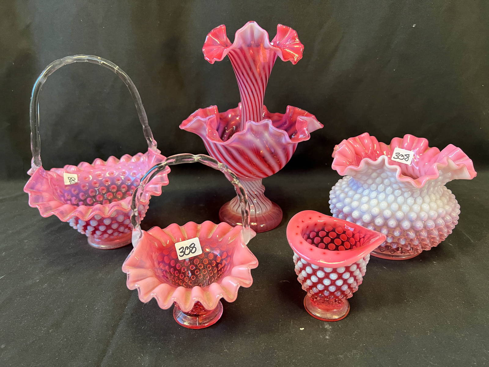 Large Group Of Pink Fenton To Include A Epergne, 2 Baskets, A Vase, And ...