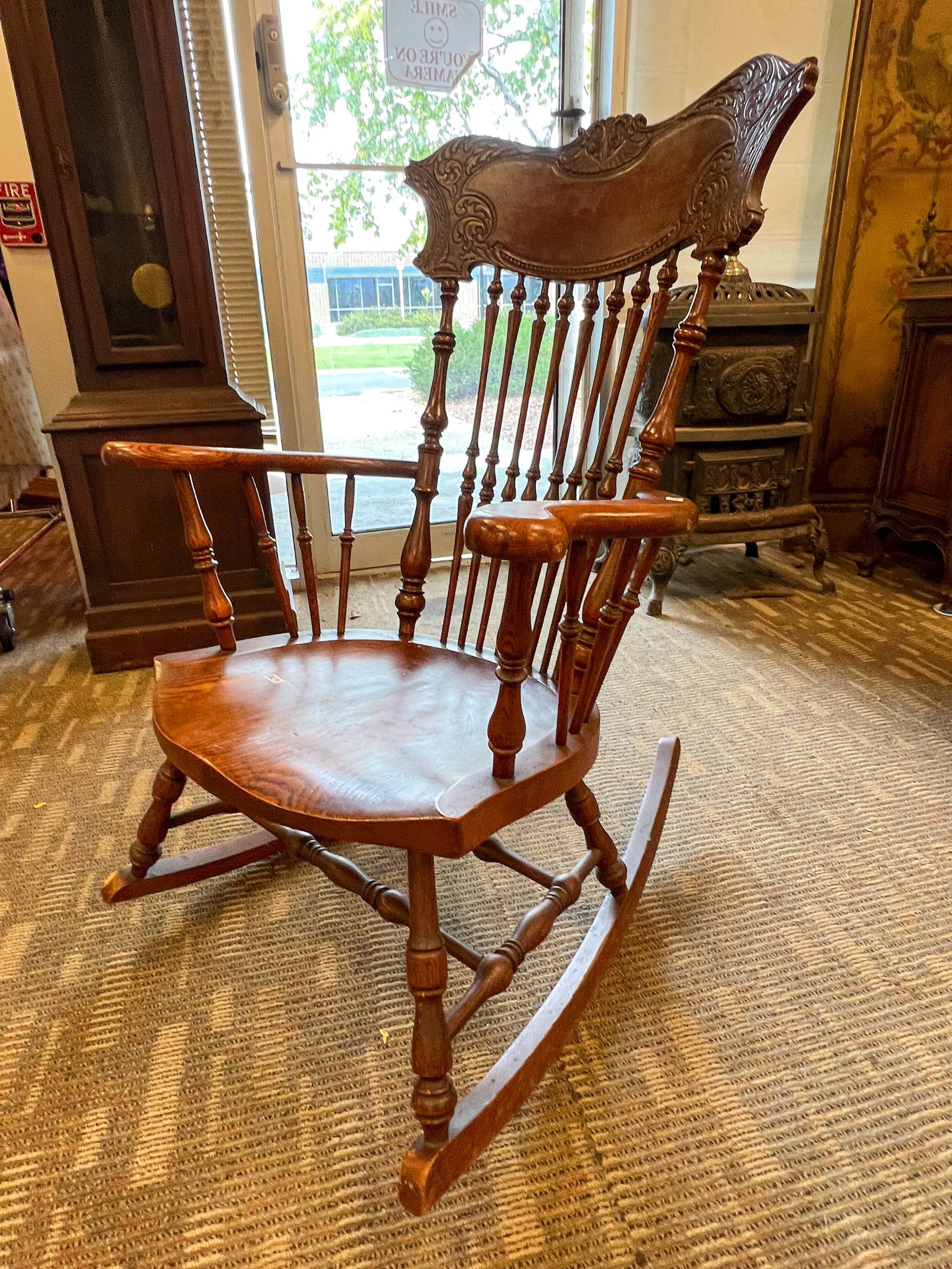 Quality Heavily Pressed Back Oak Rocker With Elaborate Spindled ...