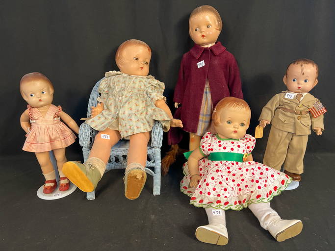 Five Antique Composition Dolls To Include Male Doll In Uniform, Skippy Doll