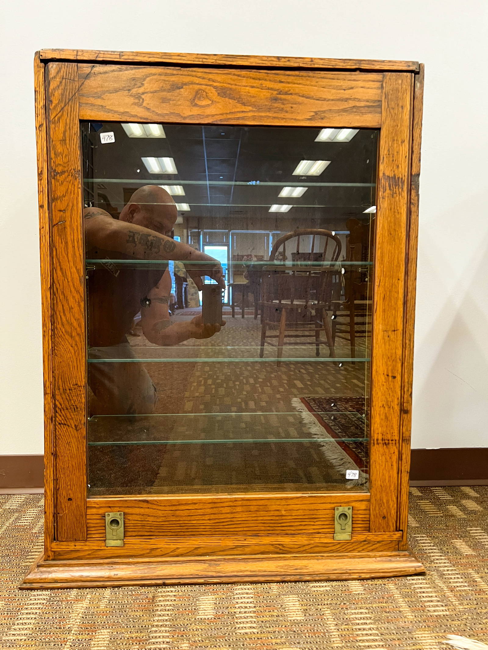 Antique Oak Small Display Case, Bottom Opening Auction