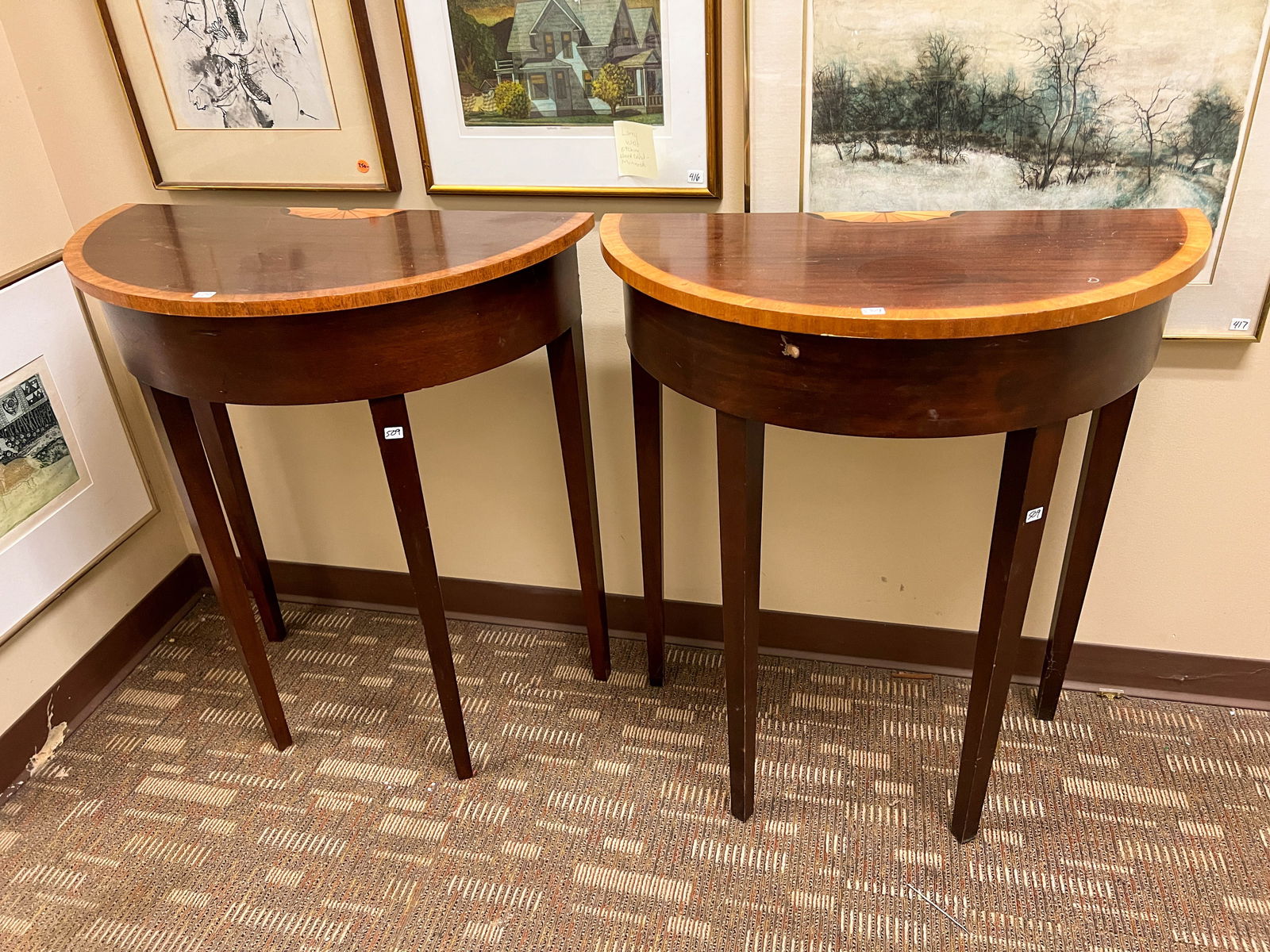 A Pair Of Federal Style Mahogany Pencil Leg Demi Lune Side Tables With ...