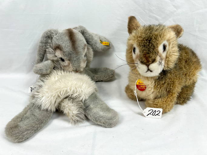 2 Steiff Rabbits, One Puppet With Tags And Brass Buttons