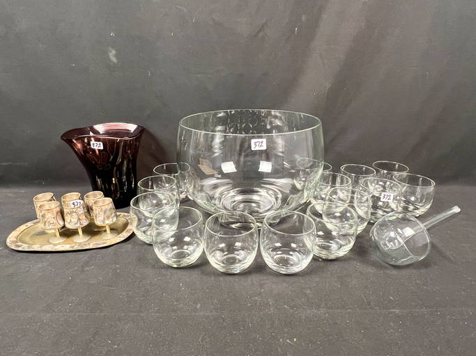 Swedish Punch Bowl With Cups, Purple Glass Vase, Mop Trim Cordials And Tray